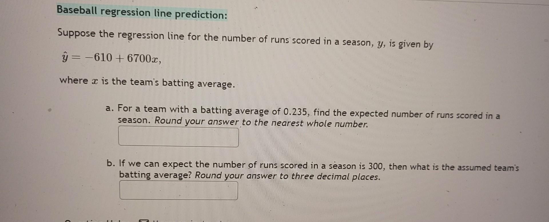 Solved Baseball regression line prediction: Suppose the | Chegg.com