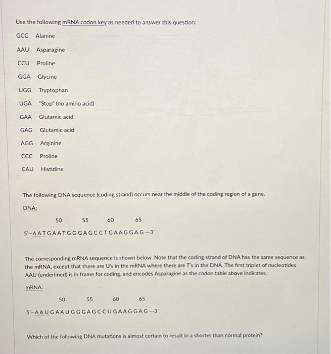 Solved Use the following mRNA codon key as needed to answer | Chegg.com