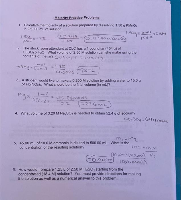 Solved 1. Calculate the molarity of a solution prepared by | Chegg.com
