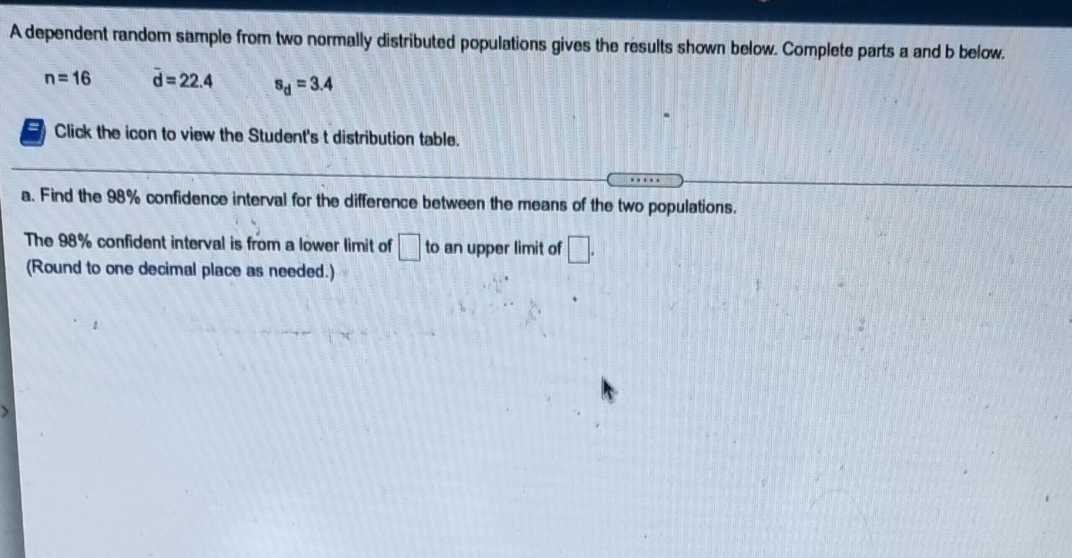 Solved A dependent random sample from two normally | Chegg.com