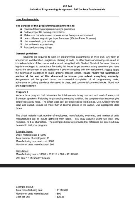 CiS 240 Individual Programming Assignment: PA02 - | Chegg.com