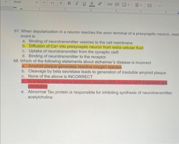 Solved 67 When Depolarization In A Neuron Reaches The Axon