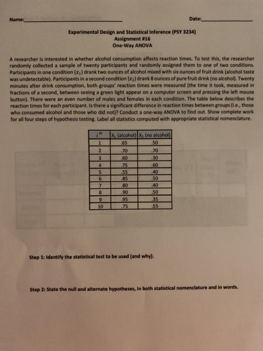 Solved Name: Date: Experimental Design and Statistical | Chegg.com