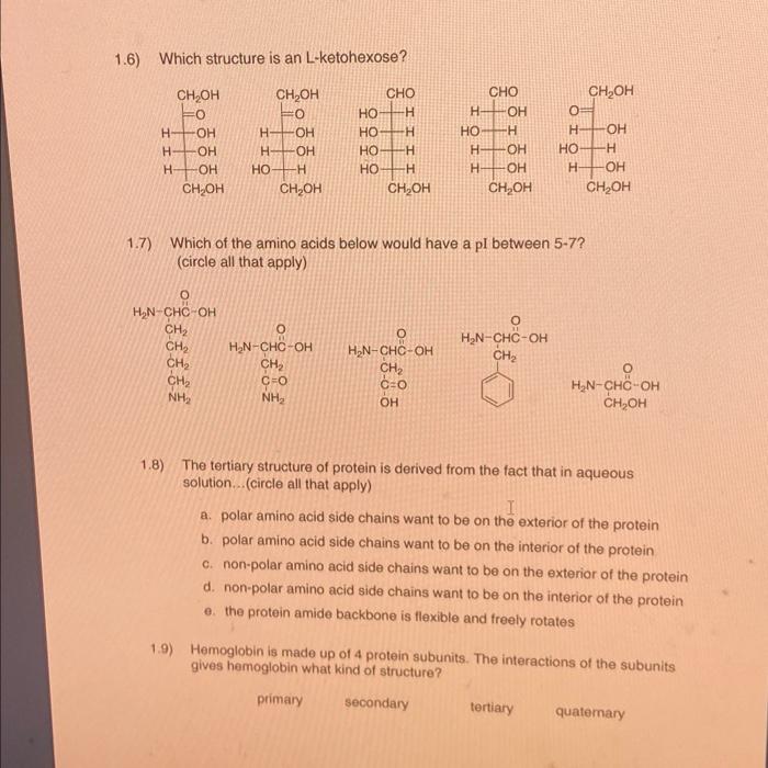 Solved 1.6) Which structure is an L-ketohexose? 1.7) Which | Chegg.com