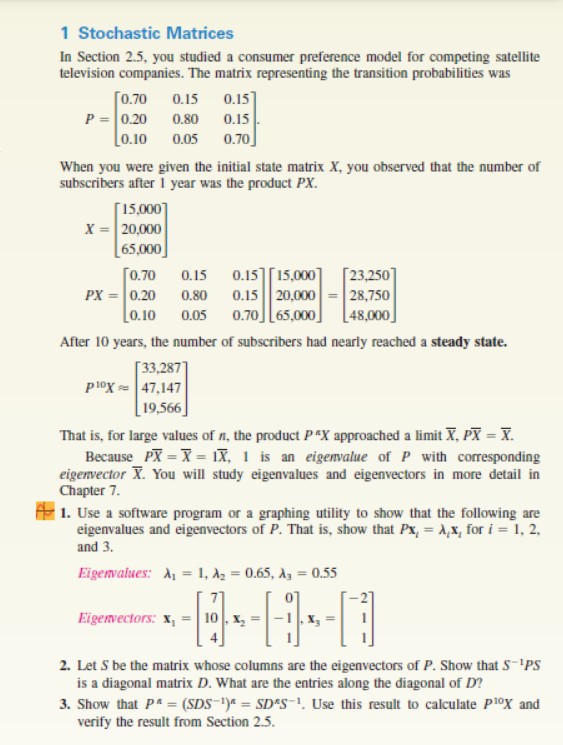 Solved 1 ﻿Stochastic MatricesIn Section 2.5, ﻿you studied a | Chegg.com