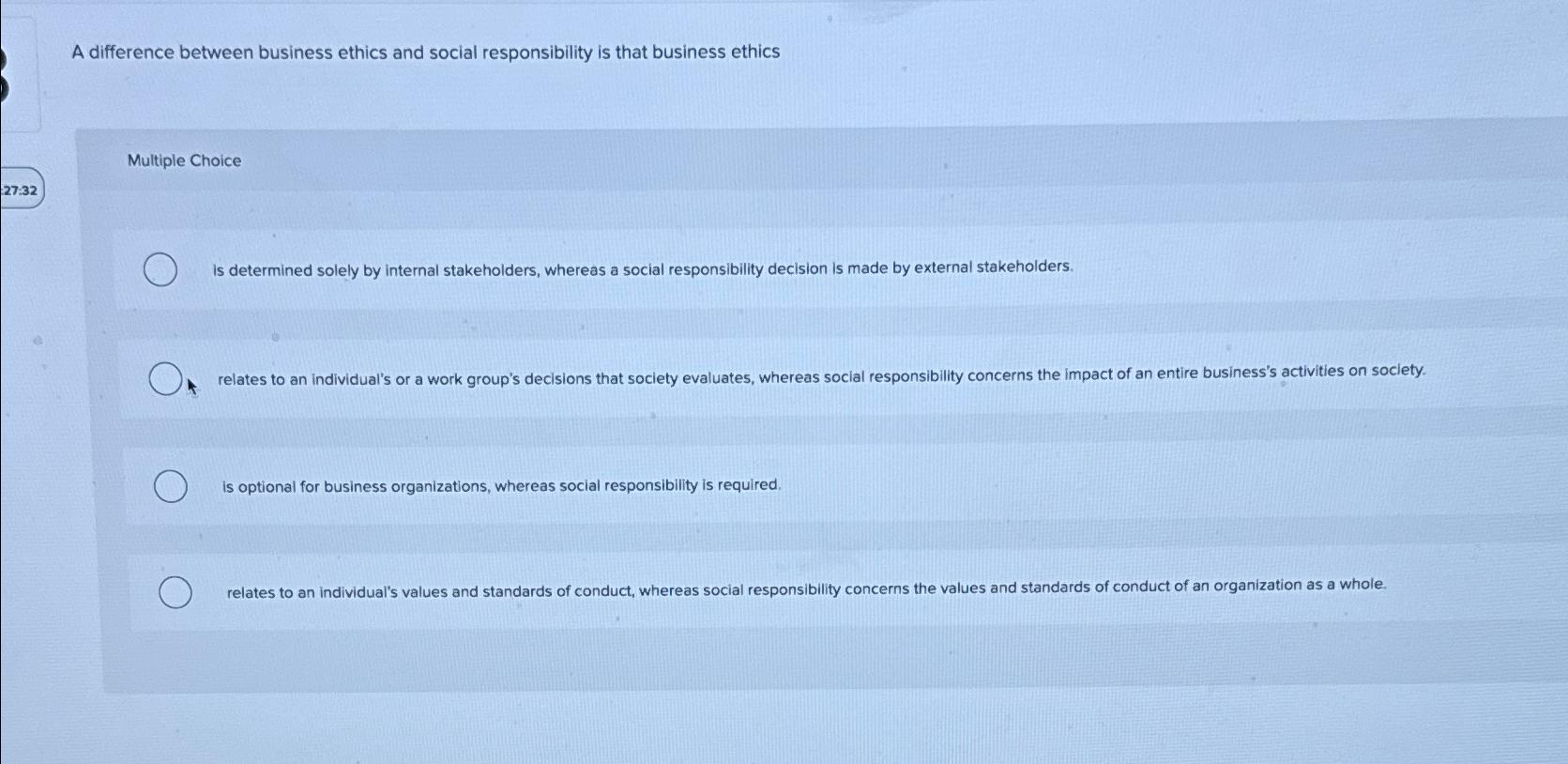Solved A difference between business ethics and social | Chegg.com