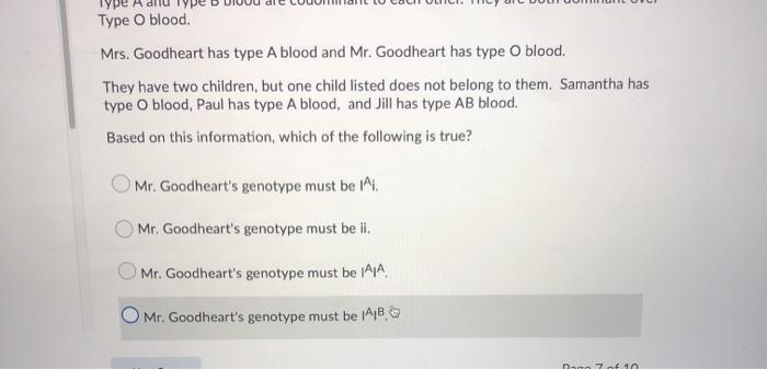 Solved Type O blood. Mrs. Goodheart has type A blood and Mr. | Chegg.com