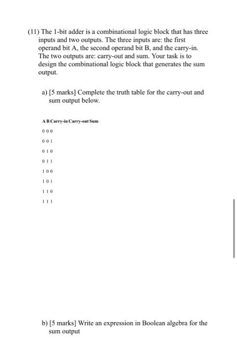 Solved (11) The 1-bit adder is a combinational logic block | Chegg.com
