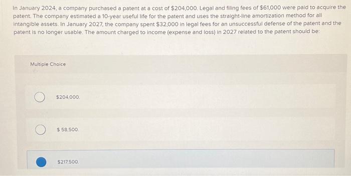 Solved In January 2024 , a company purchased a patent at a | Chegg.com