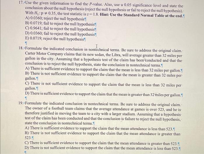 Solved 17. Use the given information to find the P-value. | Chegg.com
