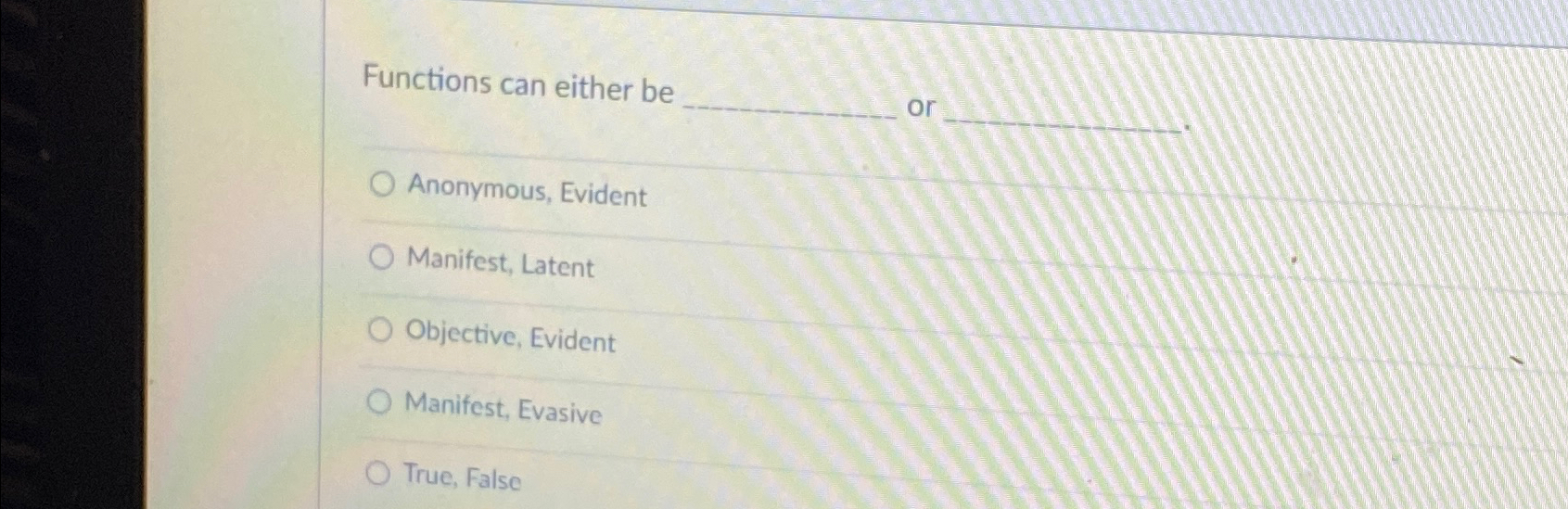 Solved Functions can either be orAnonymous, EvidentManifest, | Chegg.com