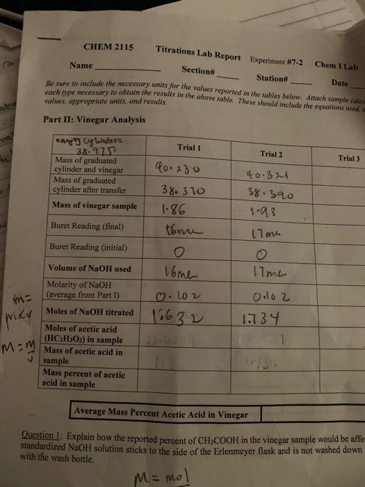Solved CHEM 2115 Titrations Lab Report Experiment #7-2 Chem | Chegg.com
