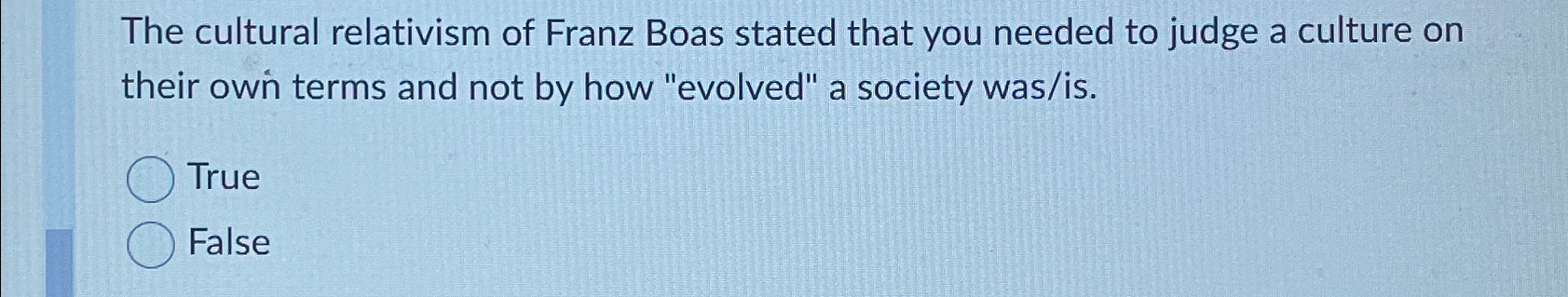 Solved The cultural relativism of Franz Boas stated that you | Chegg.com