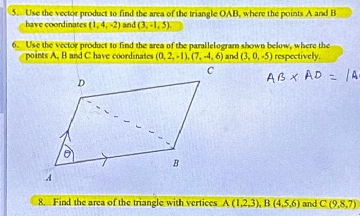 Solved 5. Use the vector product to find the area of the | Chegg.com