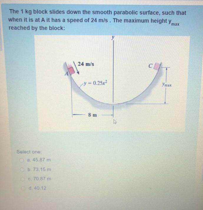Solved The 1 kg block slides down the smooth parabolic | Chegg.com