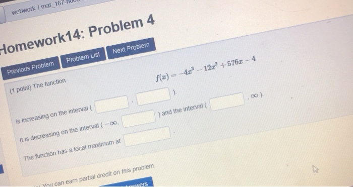 Solved webwork / mat 167 Homework14: Problem 4 Previous | Chegg.com