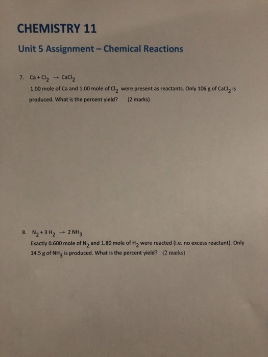 Solved CHEMISTRY 11 Unit 5 Assignment - Chemical Reactions | Chegg.com