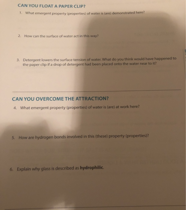 Solved CAN YOU FLOAT A PAPER CLIP? 1. What emergent property | Chegg.com