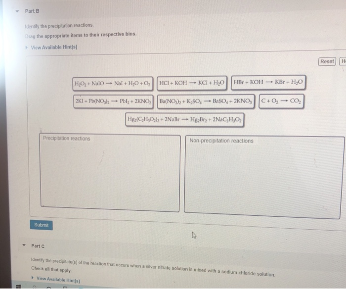 Solved Part B Identify the precipitation reactions. Drag the | Chegg.com