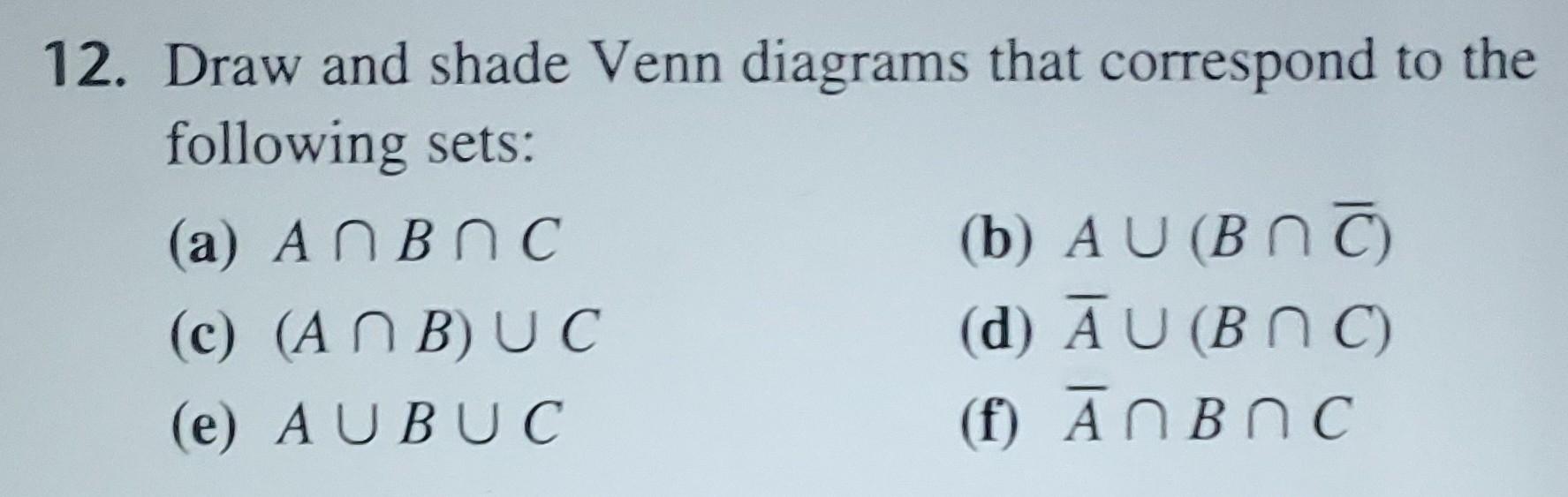 Solved 12. Draw and shade Venn diagrams that correspond to | Chegg.com