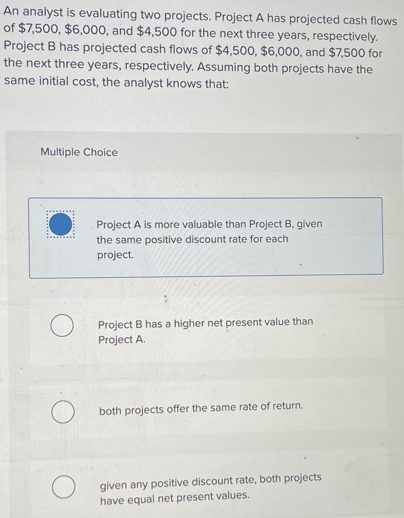 Solved An analyst is evaluating two projects. Project A has | Chegg.com