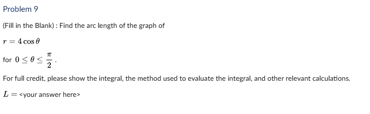 Solved Problem 9(Fill in the Blank) ﻿: Find the arc length | Chegg.com