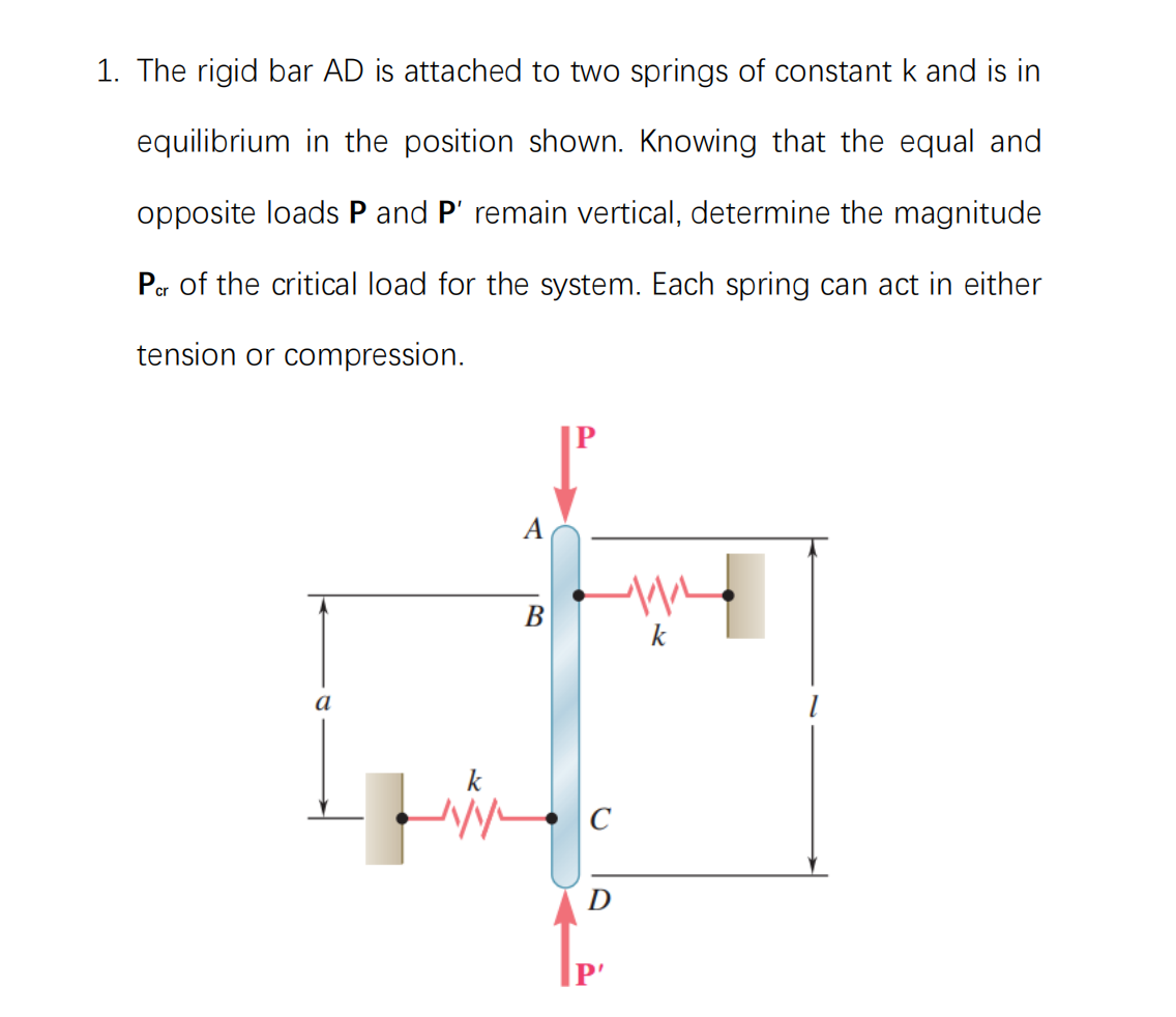 Solved The rigid bar AD ﻿is attached to two springs of | Chegg.com