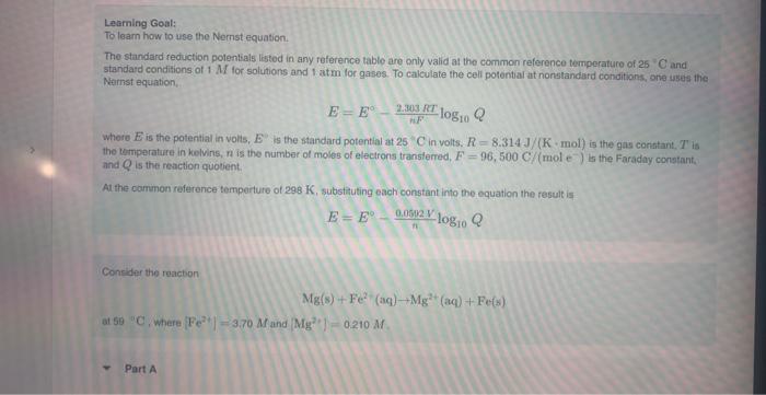 Solved Leaming Goal To Leam How To Use The Nemst Equation 