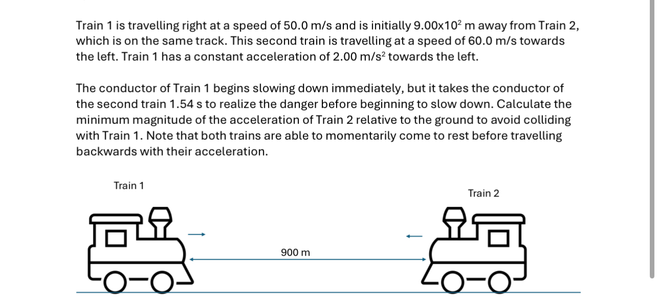 Solved Train 1 ﻿is travelling right at a speed of 50.0ms | Chegg.com