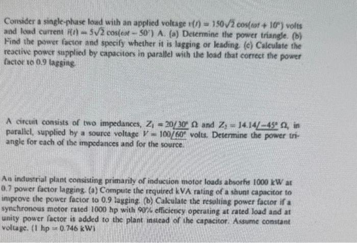 Solved Consider a single-phase load with an applied voltage | Chegg.com