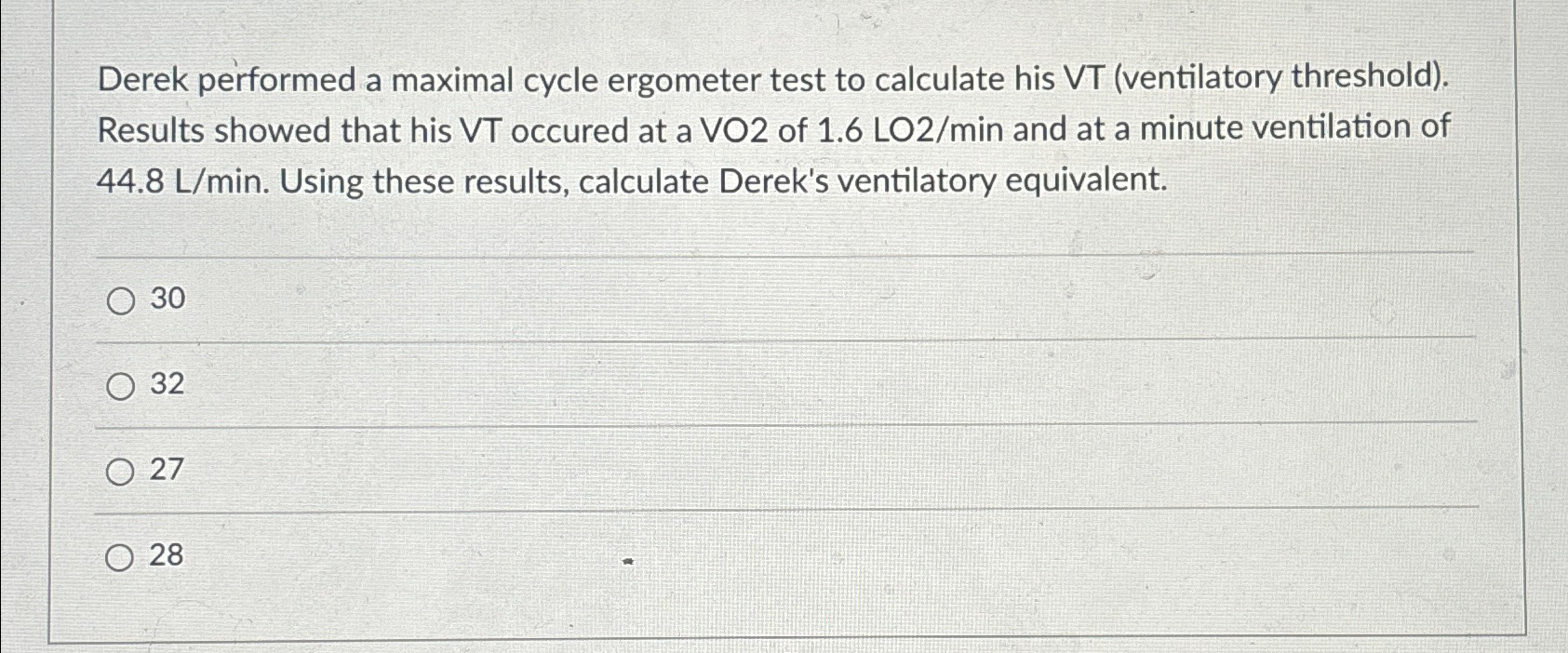 Solved Derek performed a maximal cycle ergometer test to | Chegg.com