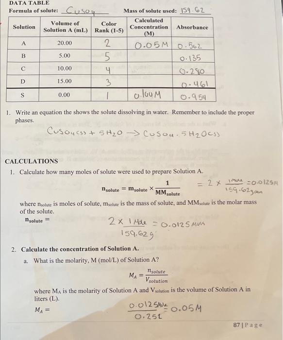 Solved DATA TABLE Formula of solute: C1,50 is Mass of solute | Chegg.com