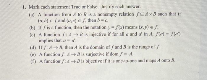 Solved 1. Mark each statement True or False. Justify each | Chegg.com