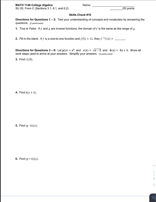 Solved Name: MATH 1148 College Algebra SU 20, Form C | Chegg.com
