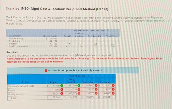 Solved Exercise 11-30 (Algo) Cost Allocation: Reciprocal | Chegg.com