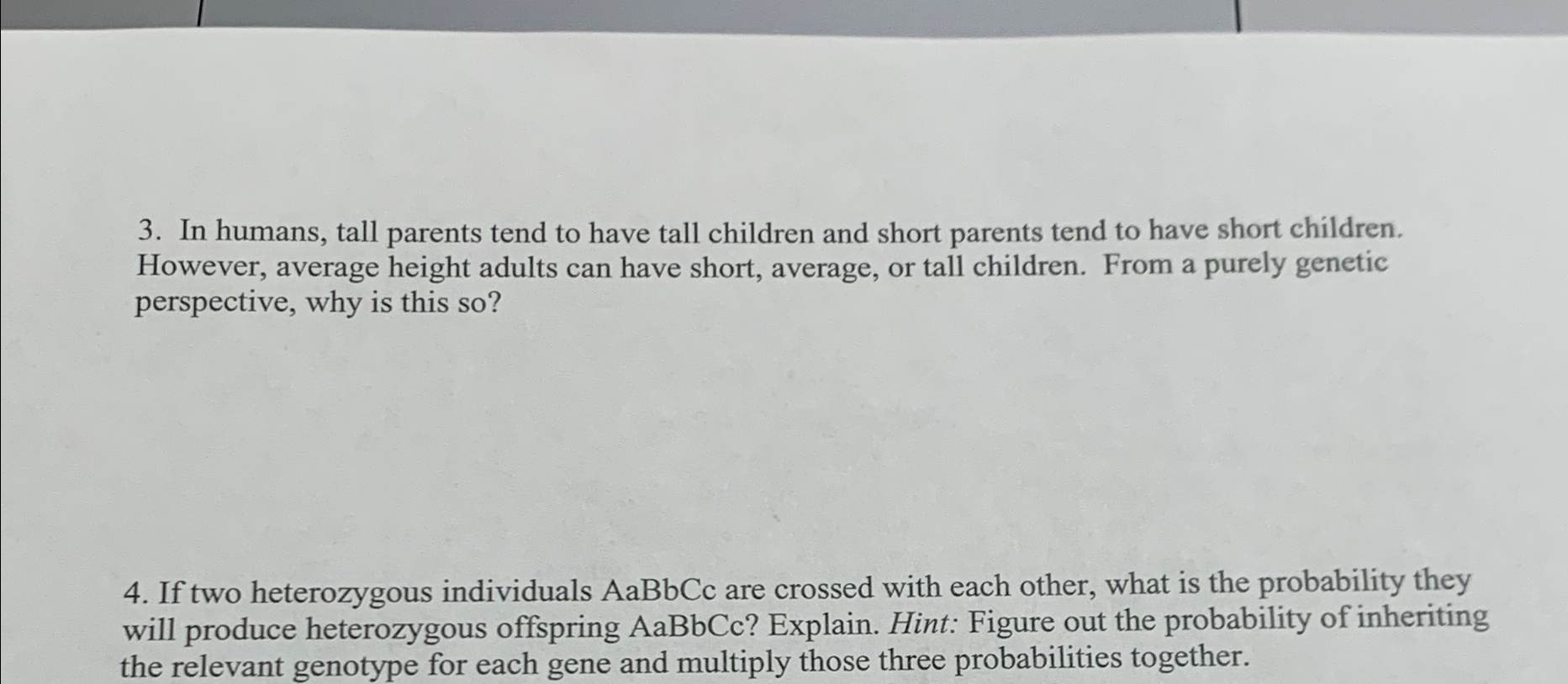 Solved In humans, tall parents tend to have tall children | Chegg.com