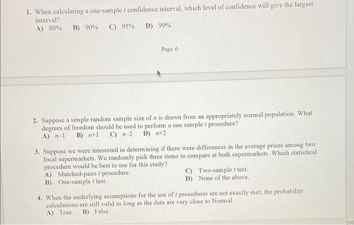 Solved 1. When calculating a one-sample t confidence | Chegg.com