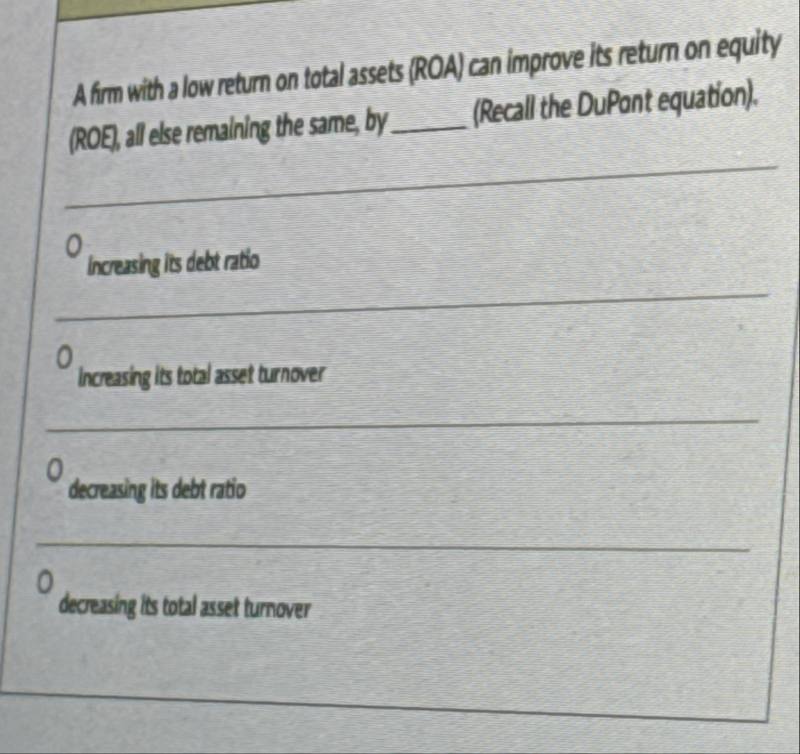 Solved A Am with a low retum on total assets (ROA) ﻿can | Chegg.com