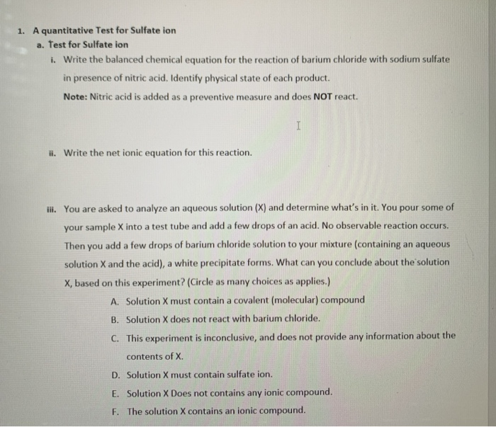 Solved 1. A quantitative Test for Sulfate ion a. Test for | Chegg.com