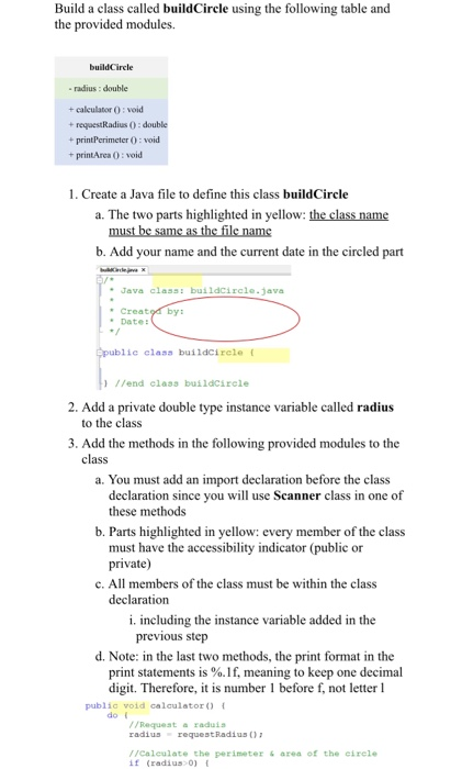 Solved Build a class called buildCircle using the following | Chegg.com