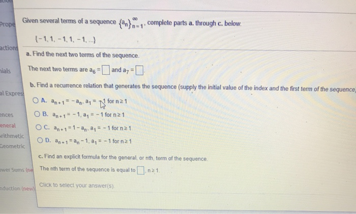 Solved Given several terms of a sequence {an Prope , | Chegg.com