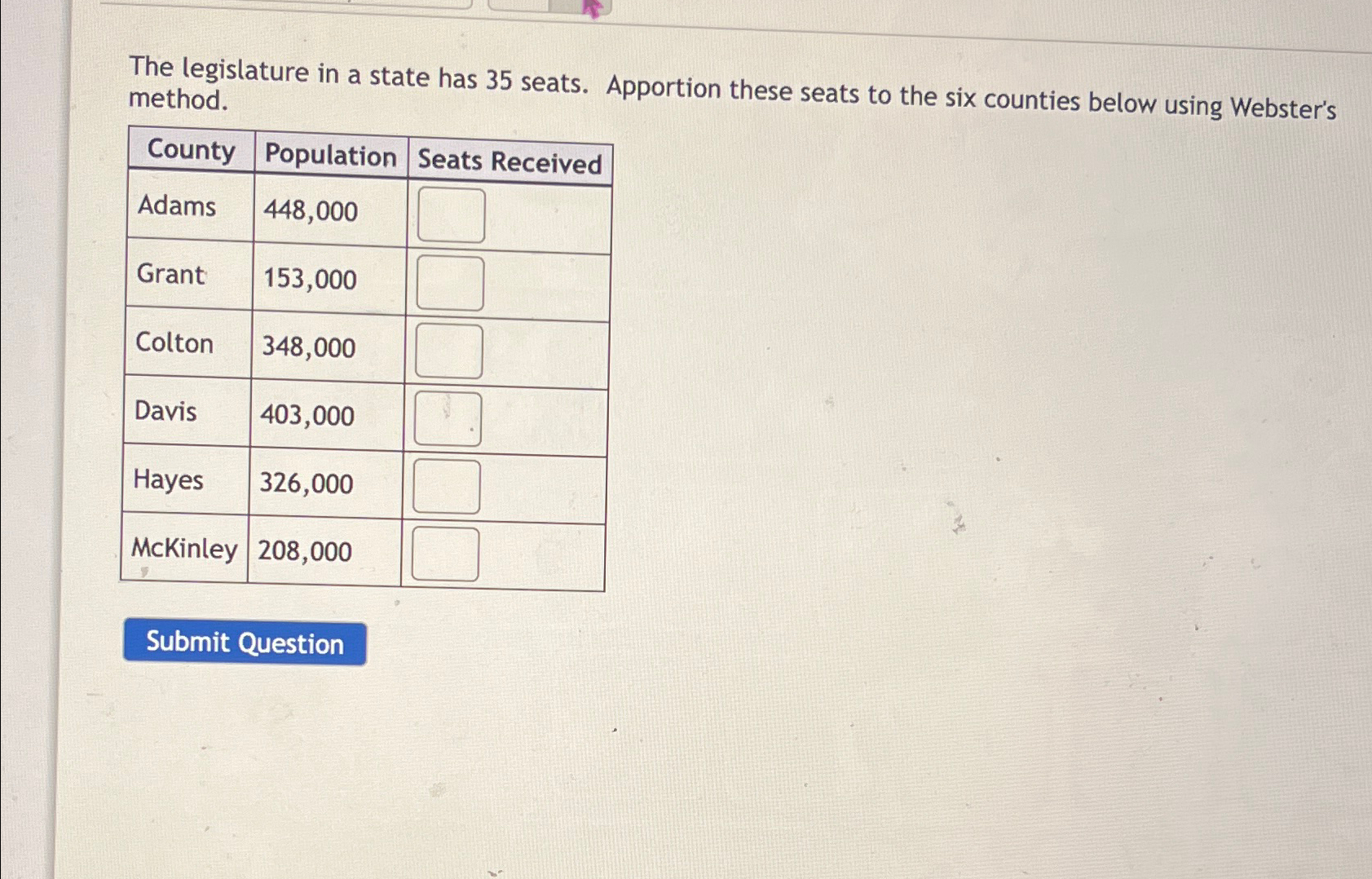 Solved The legislature in a state has 35 ﻿seats. Apportion | Chegg.com