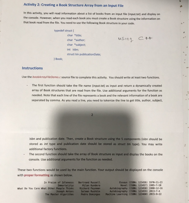 Solved Activity 2: Creating a Book Structure Array from an | Chegg.com