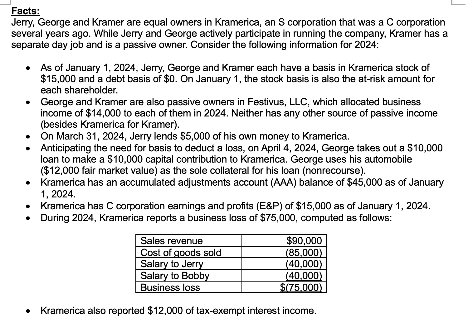 Solved Facts: Jerry, George and Kramer are equal owners in | Chegg.com
