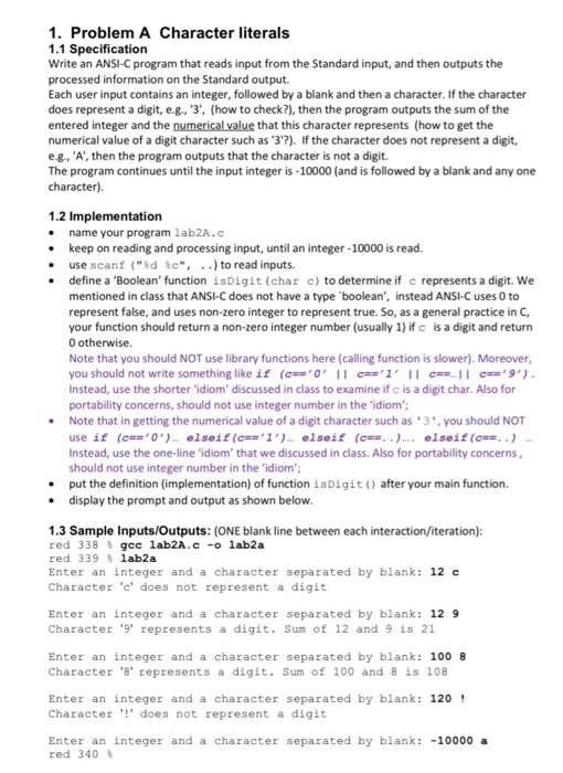 Solved 1. Problem A Character literals 1.1 Specification | Chegg.com