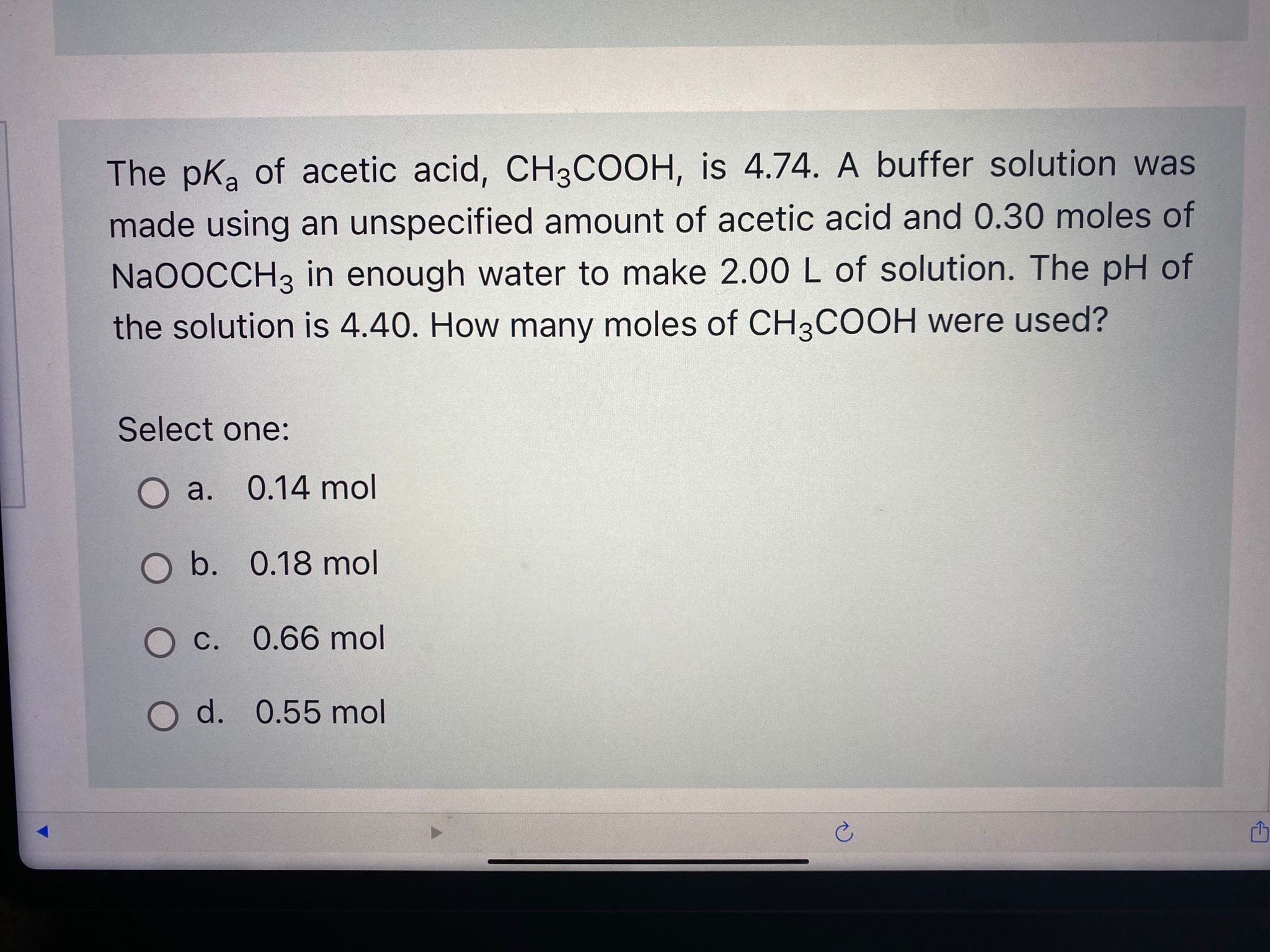 Solved The pKa ﻿of acetic acid, CH3COO H, is 4.74. ﻿A | Chegg.com