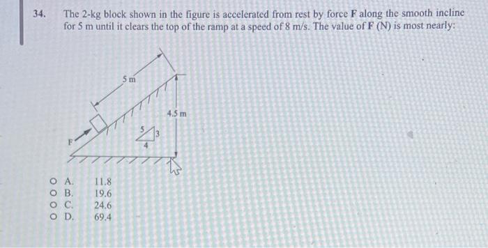 Solved 34. The 2−kg block shown in the figure is accelerated | Chegg.com