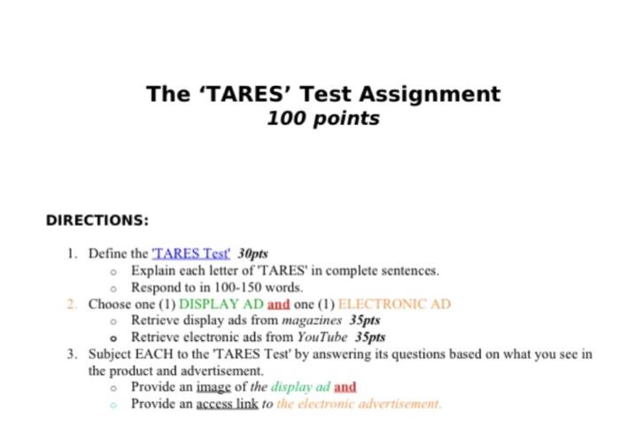 The 'TARES' Test Assignment 100 points DIRECTIONS: 1. | Chegg.com