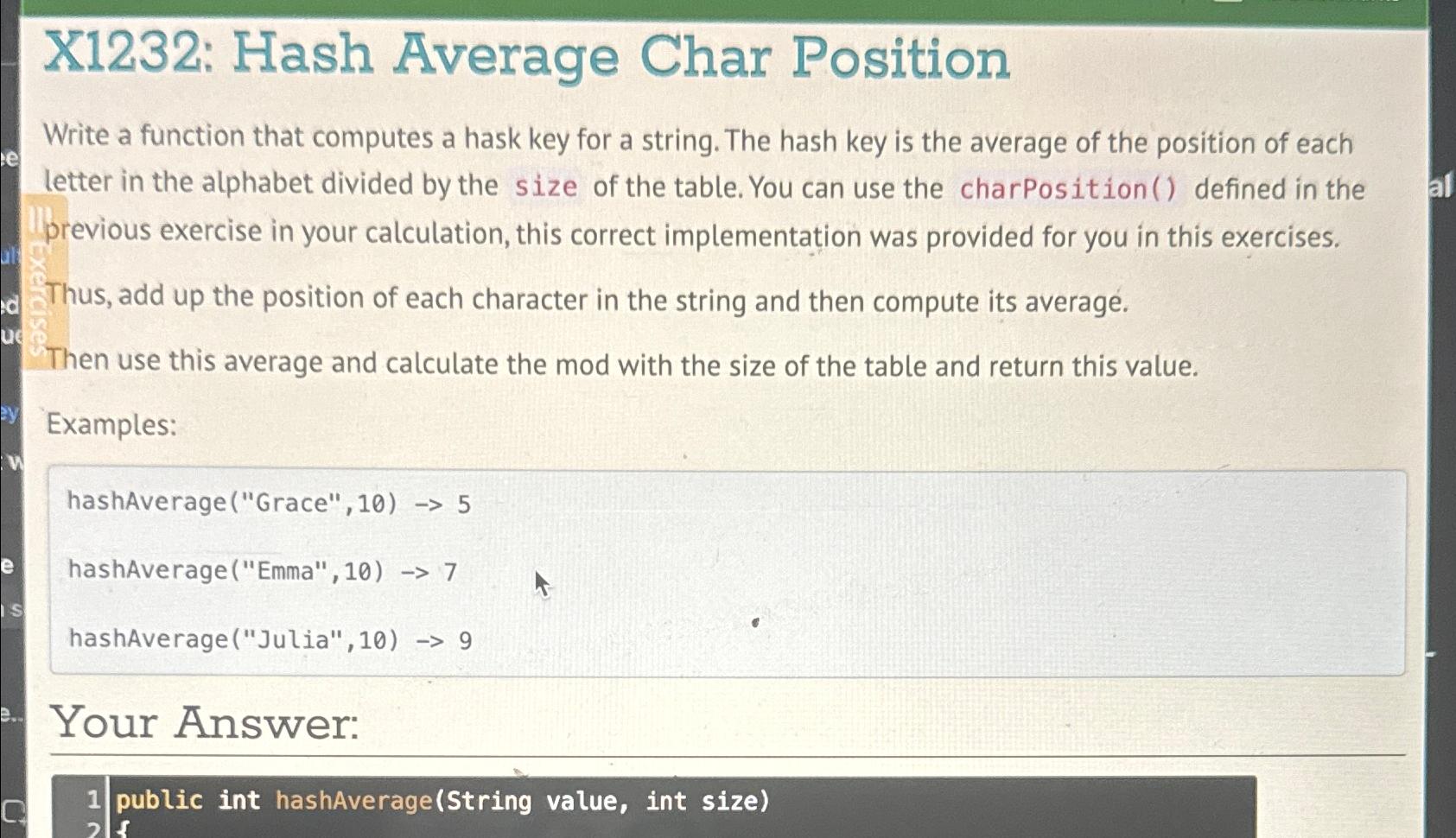 Solved X1232: Hash Average Char PositionWrite a function | Chegg.com