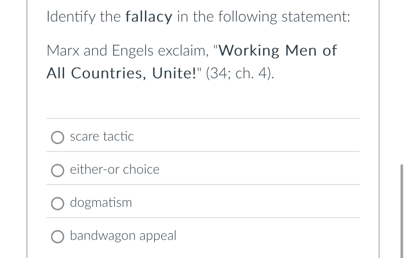 Solved Identify the fallacy in the following statement:Marx | Chegg.com